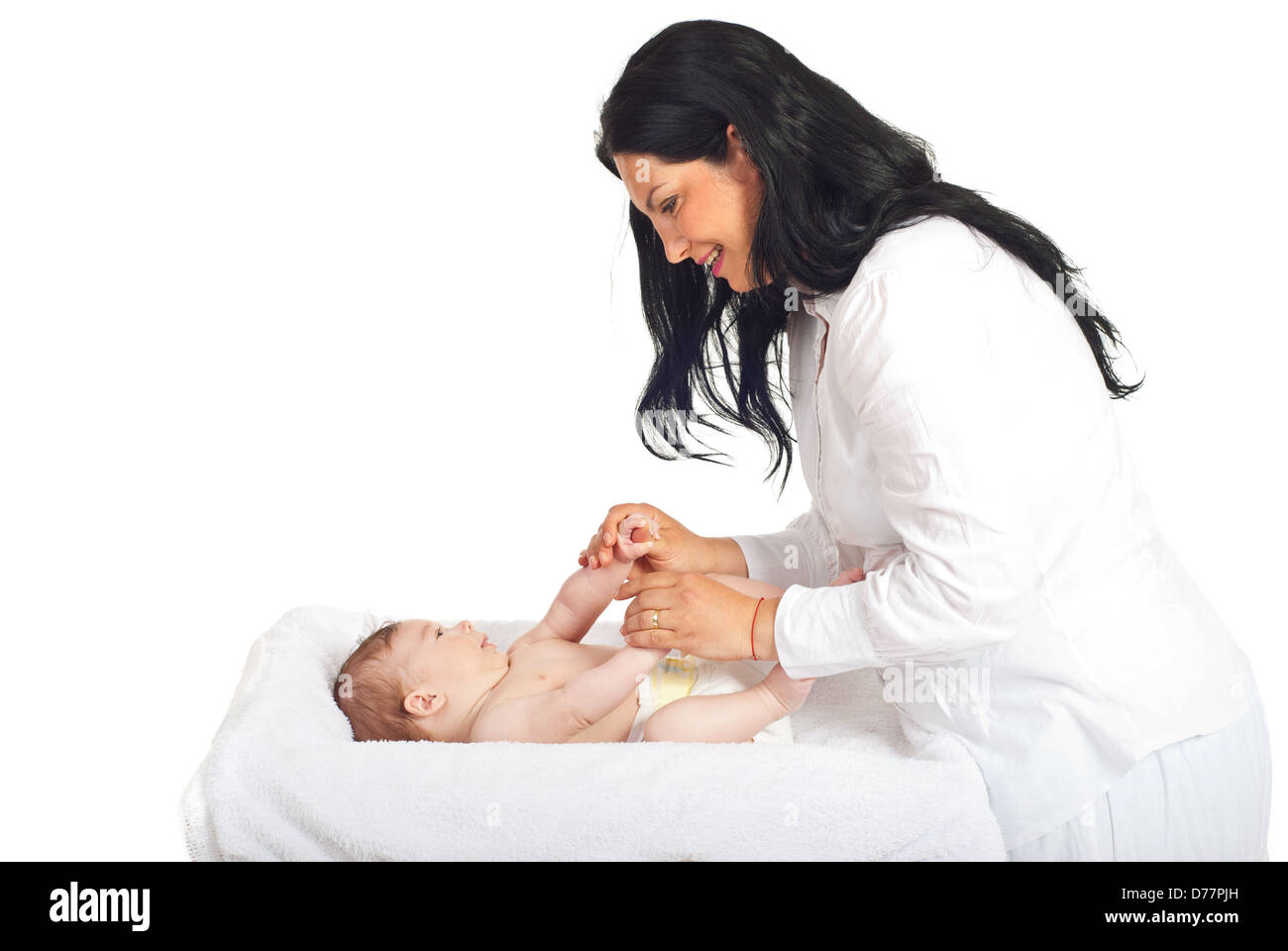 Mother caring newborn baby boy isolated on white background Stock Photo ...