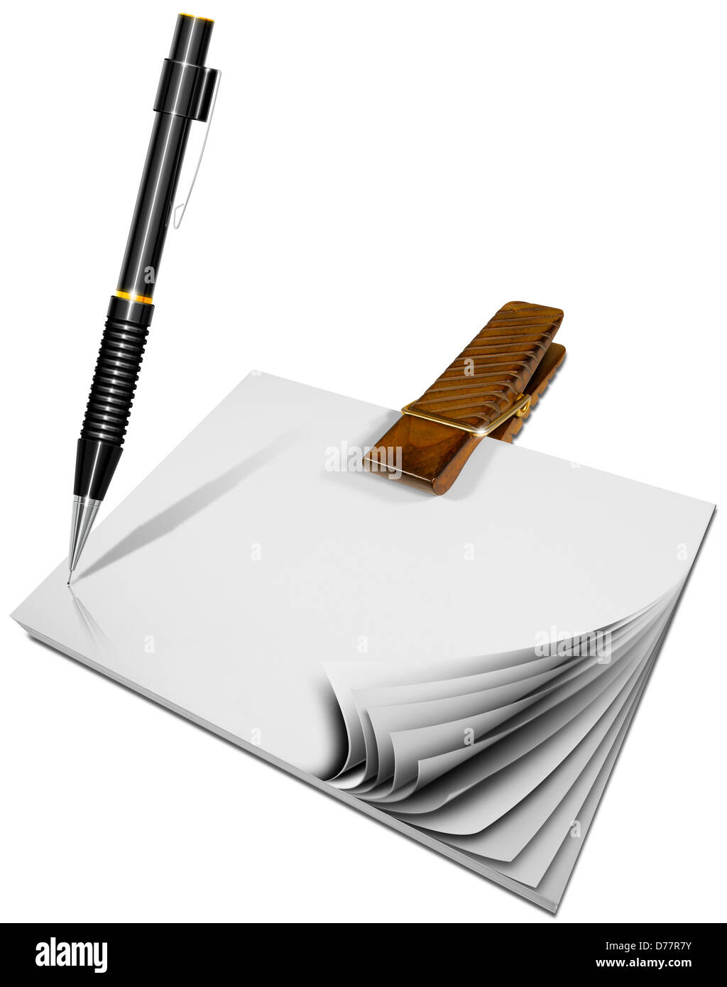 Notepad with blank pages held together by clothespin and propelling ...