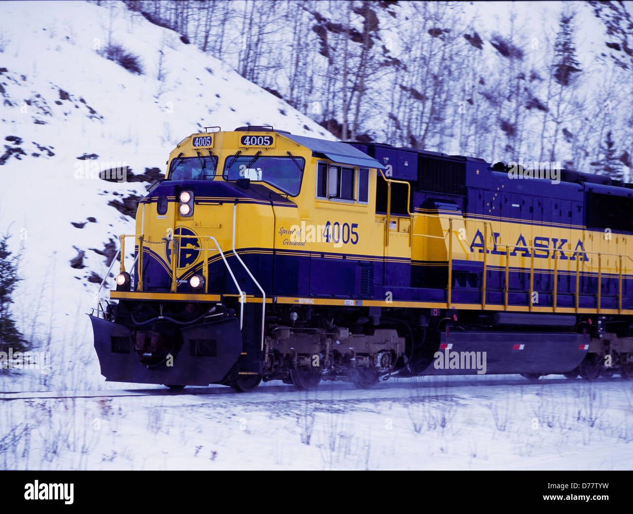 Alaska Railroad locomotive 'Spirit Girdwood' hauling freight on tracks ...