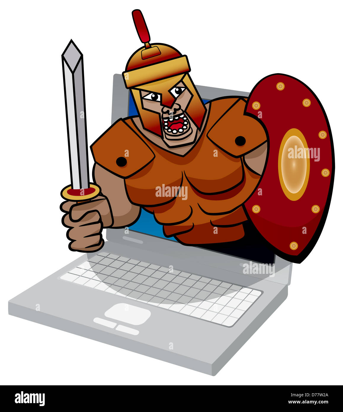 Trojan soldier emerging form laptop screen showing virus threat Stock ...