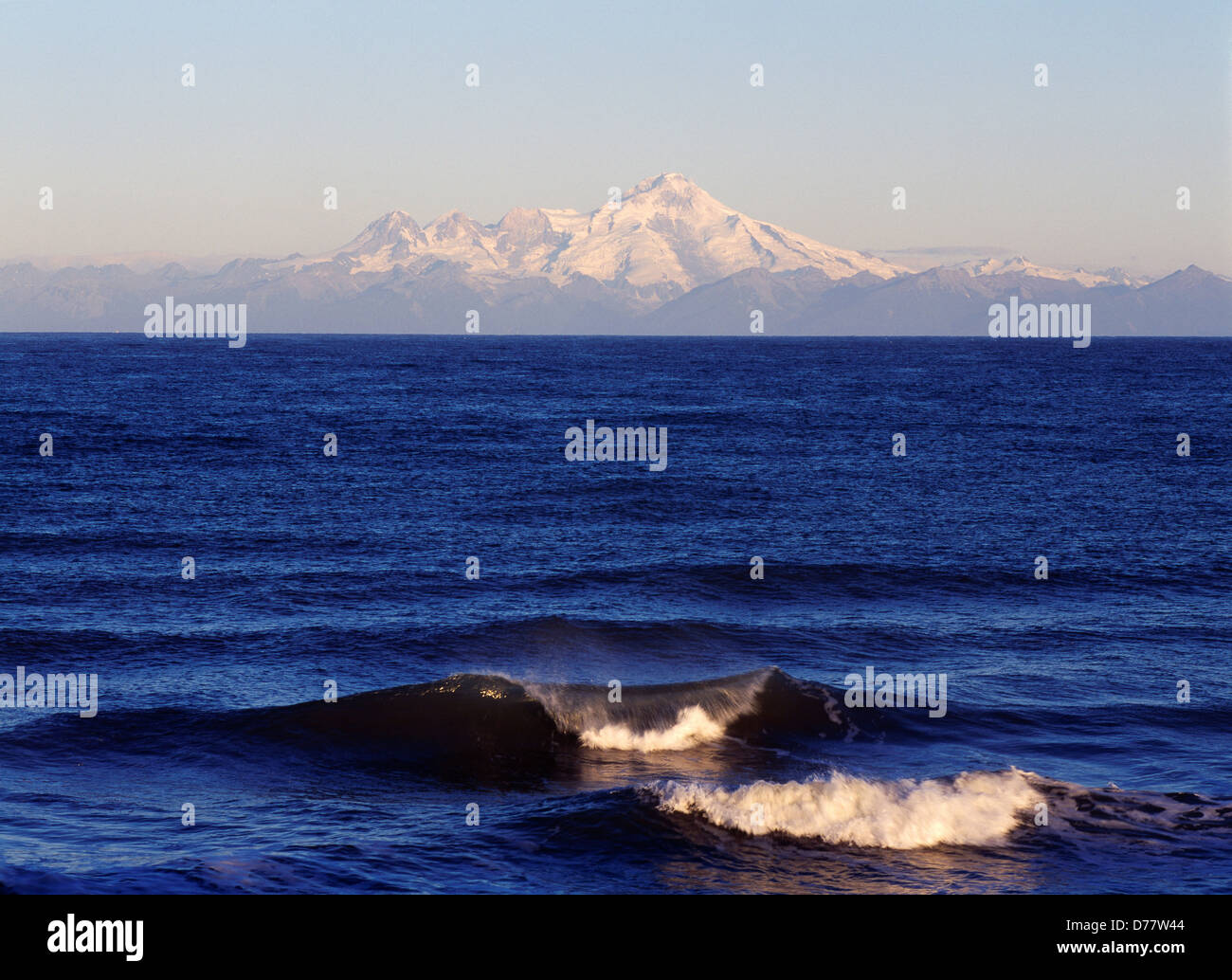 Morning view waves along shore Anchor Point Iliamna Volcano in Lake ...