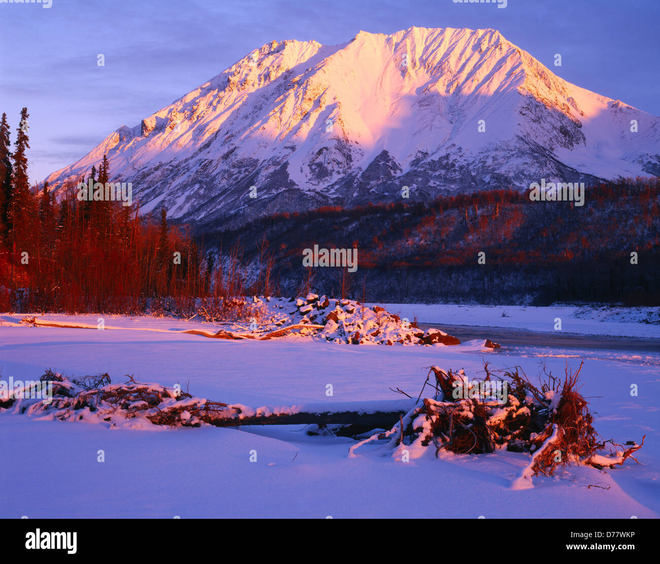 Sunset light illuminating King Mountain viewed shore Matanuska River in ...