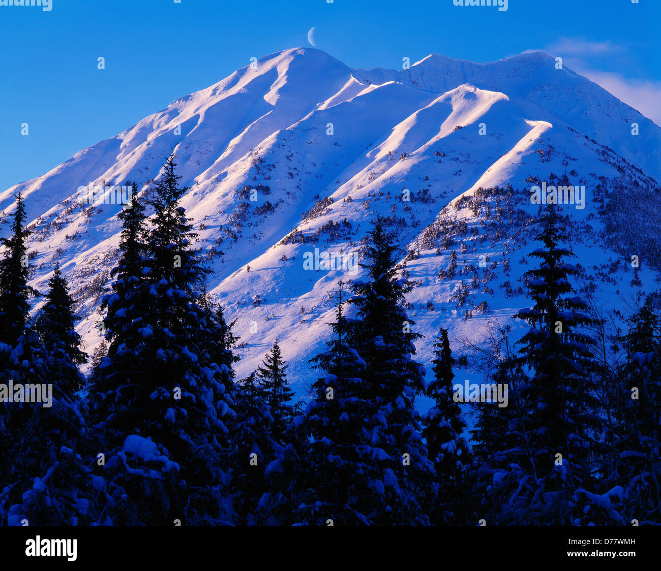 Crescent moon above snow-clad slopes peak Kenai Mountains east Sixmile ...