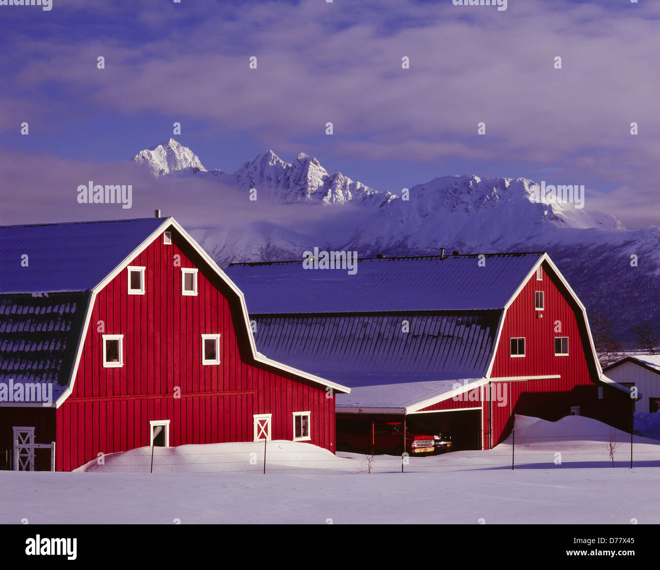 Twin barns Gislason Farm Twin Peaks Chugach Mountains beyond Matanuska ...