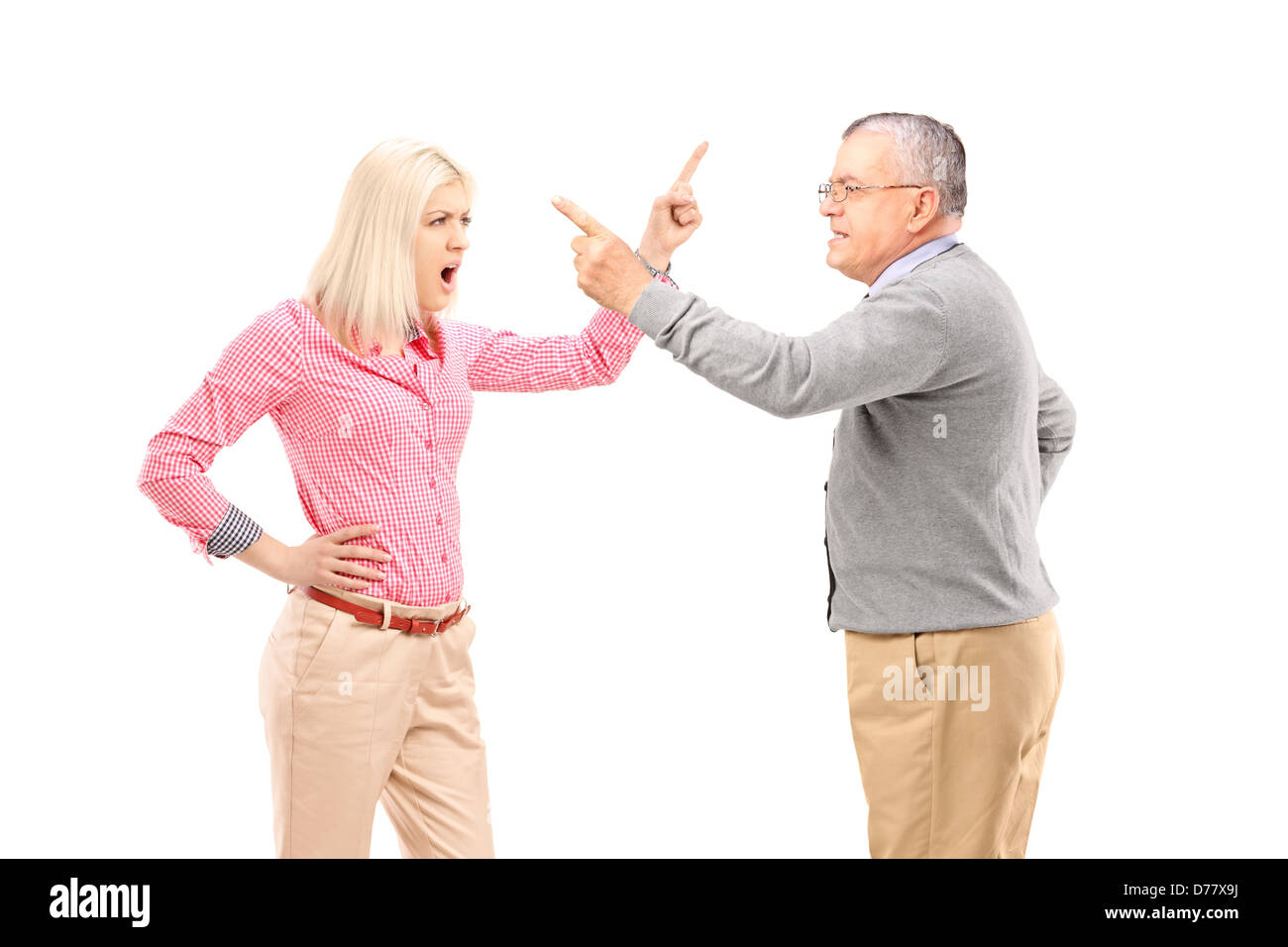 An agry female and mature man arguing isolated on white background ...