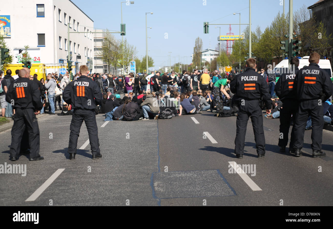 Counter-demonstrators block a street to disturb a rally of the German ...