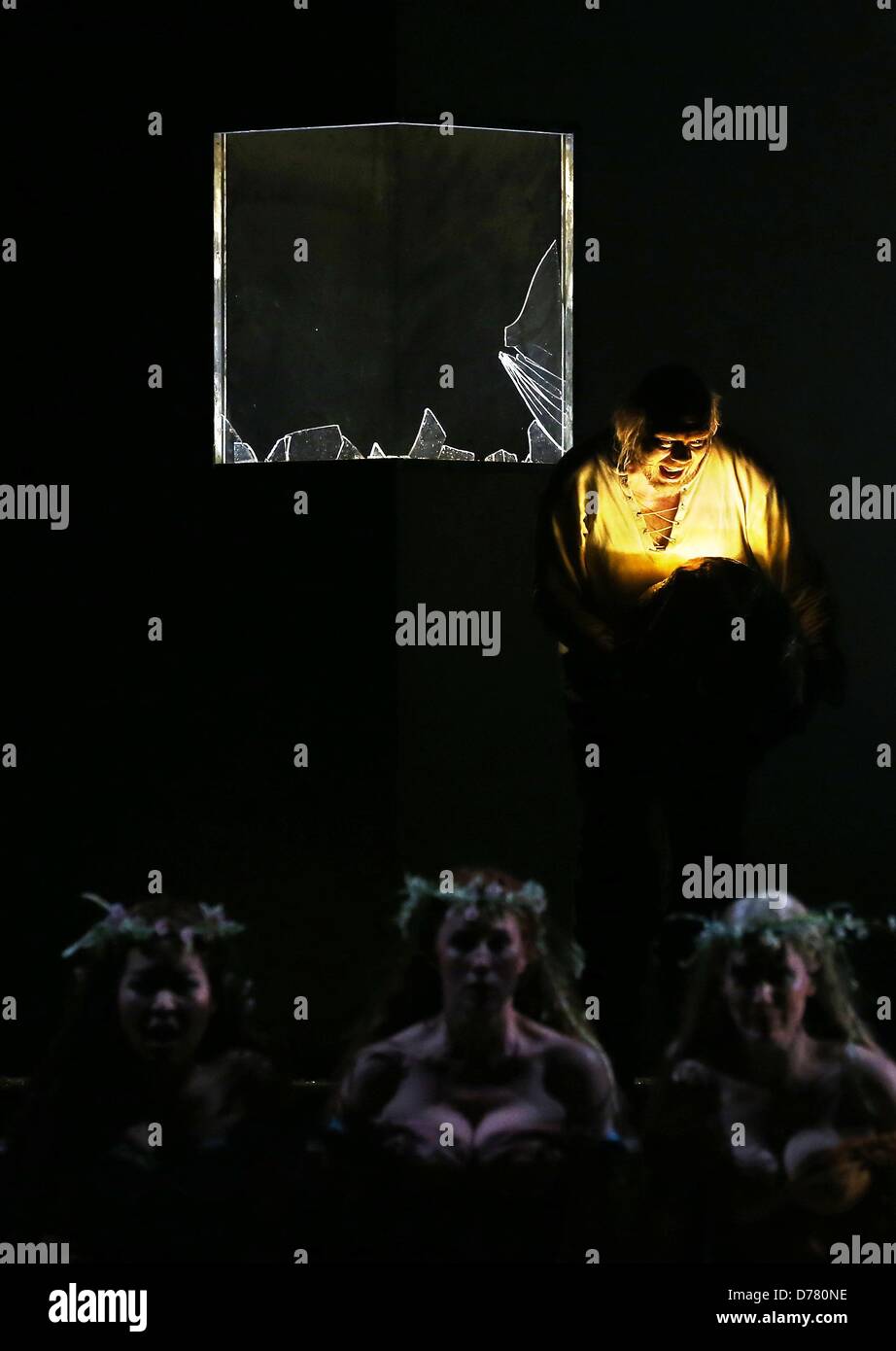 Juergen Linn as dwarf Alberich seizes the Rhine gold from the three ...