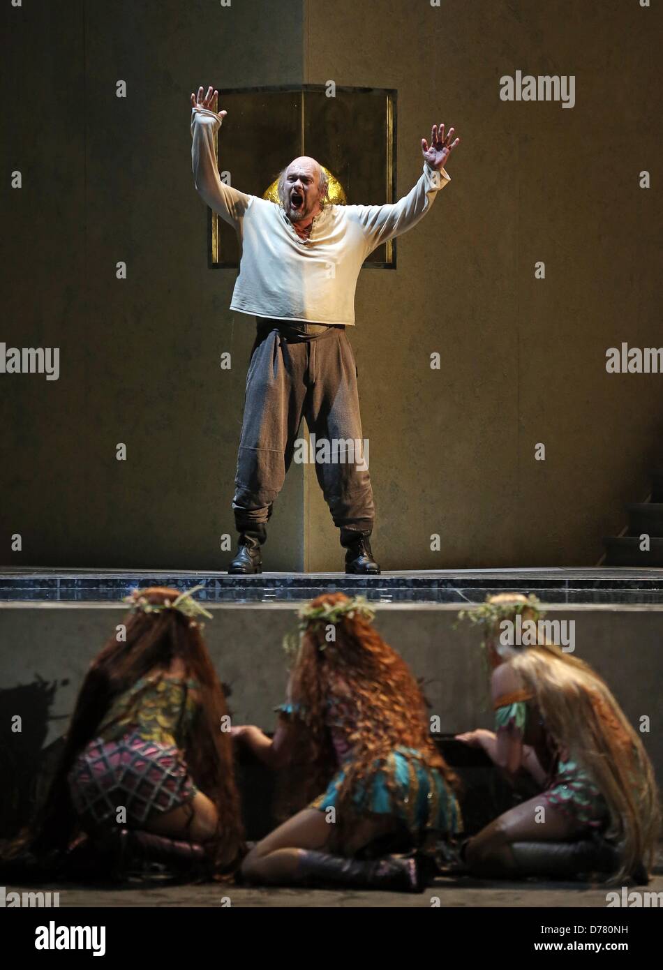 Juergen Linn as dwarf Alberich seizes the Rhine gold from the three ...