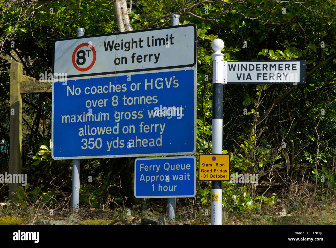 Signs for the Windermere ferry, Lake District National Park, Cumbria ...