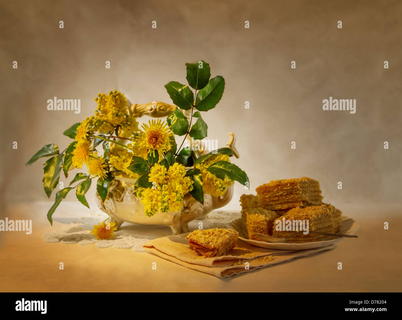 still life with yellow flowers and a cake Stock Photo - Alamy
