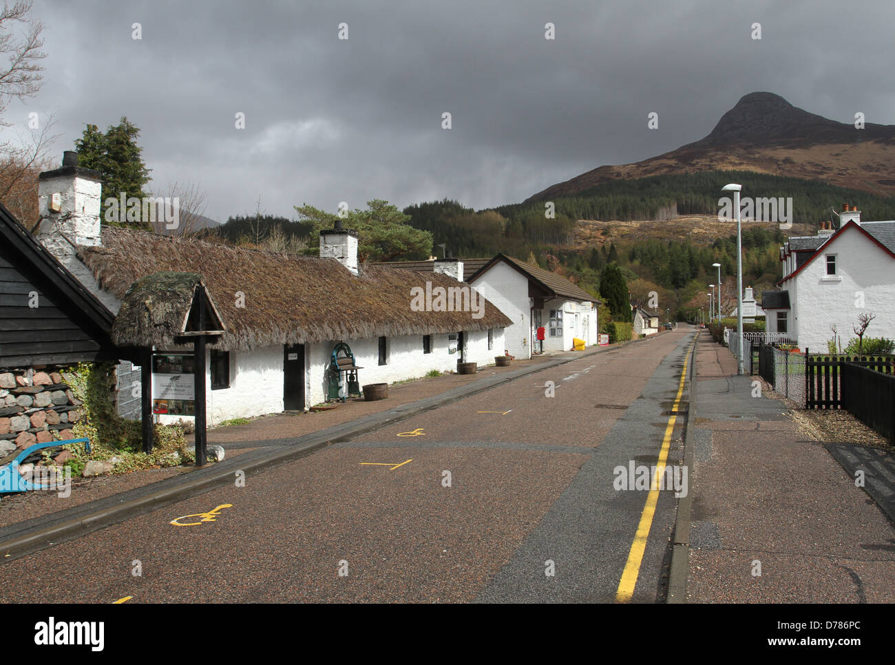 Glencoe Folk Museum with Pap of Glencoe Scotland April 2013 Stock Photo ...