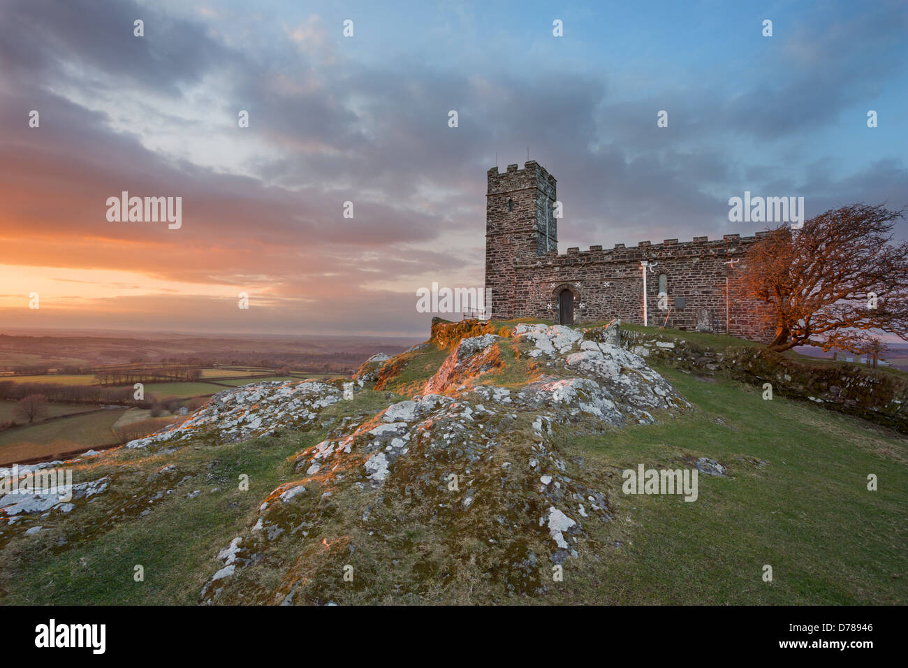 Sunset from Brentor church Dartmoor national park Devon Uk Stock Photo ...