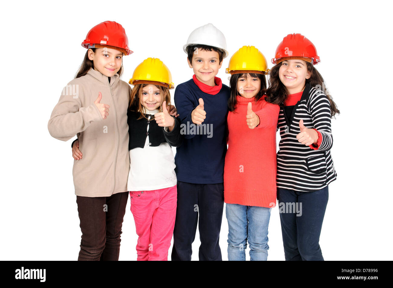 Group of children posing with protective helmets isolated in white ...