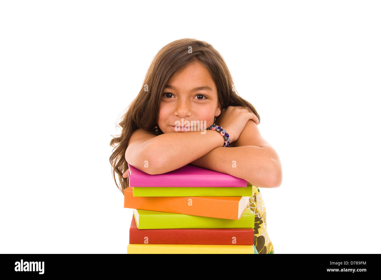 Happy young girl with colorful books Stock Photo - Alamy