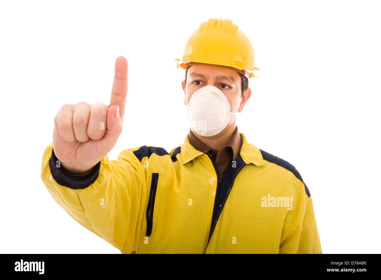 Engineer pressing with his finger something isolated on white Stock ...