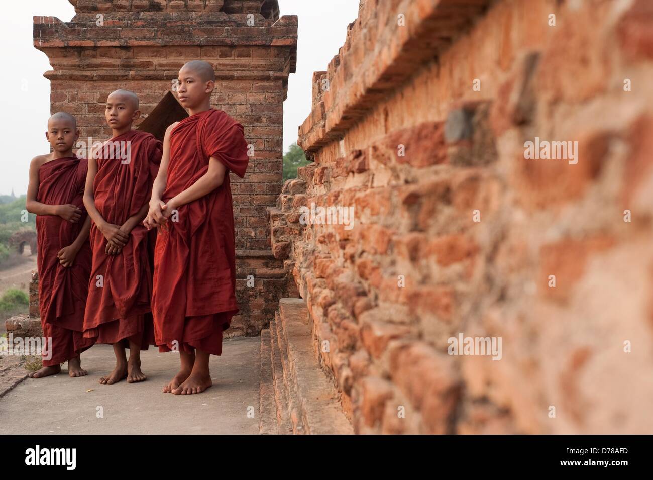 Three young Buddhist monks are standing next to a brick wall in front ...