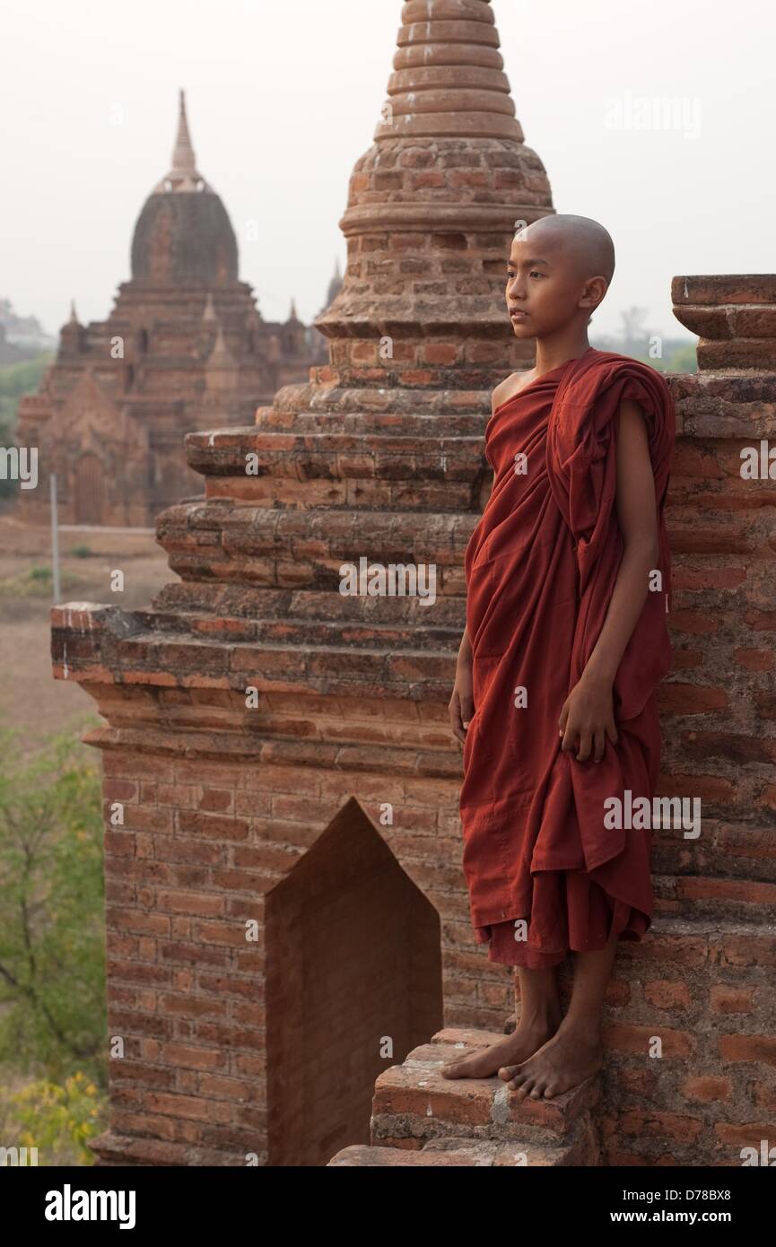 A young Buddhist monk is standing on a brick wall in front of a Pagoda ...