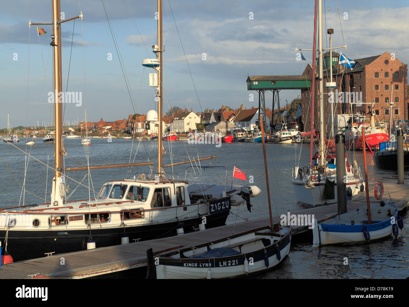 Wells next the Sea, quayside, harbour, boats, granary and town, Norfolk ...