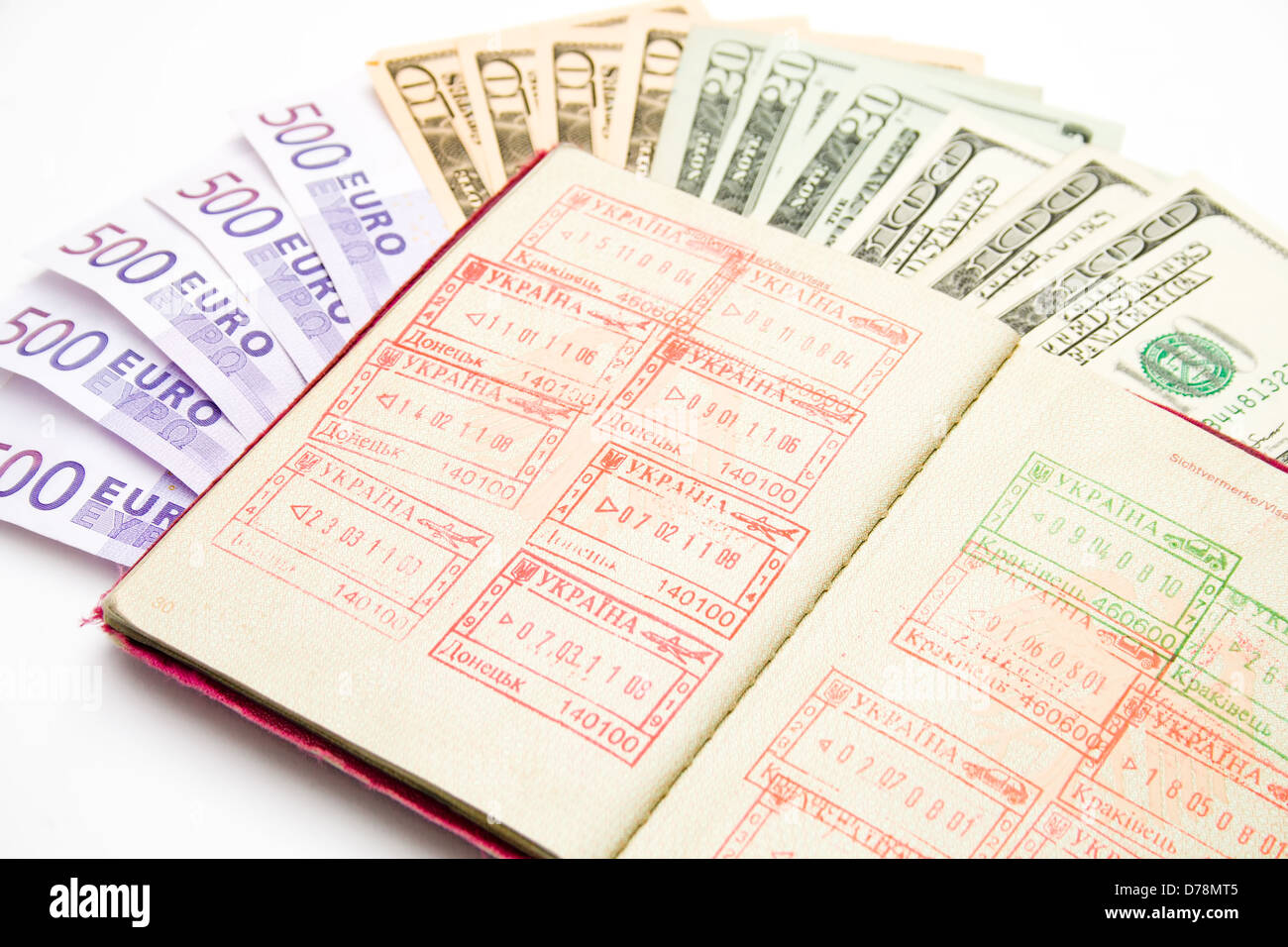 Open European Union Passport with customs stamps and money Stock Photo ...