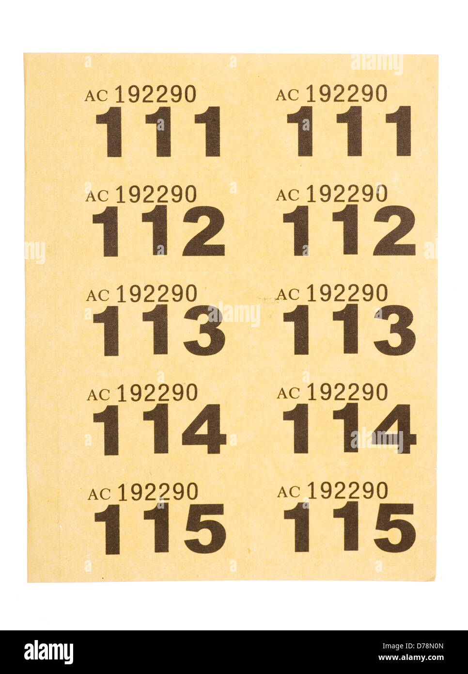 page of yellow raffle tickets studio cutout Stock Photo - Alamy