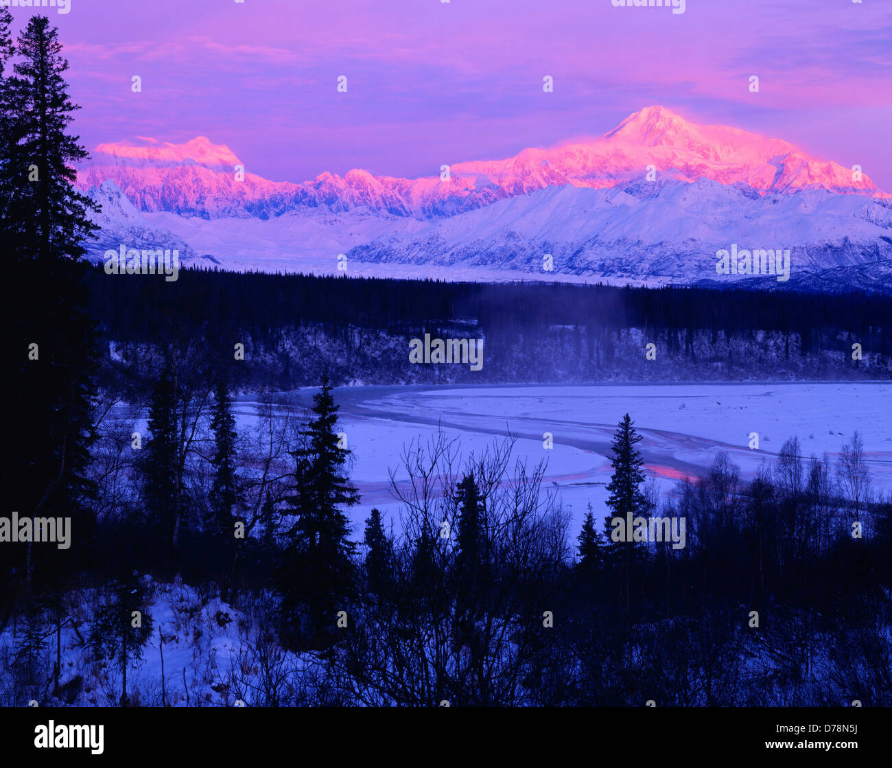 Warm light winter sunrise illuminating Mount Hunter Mount McKinley ...