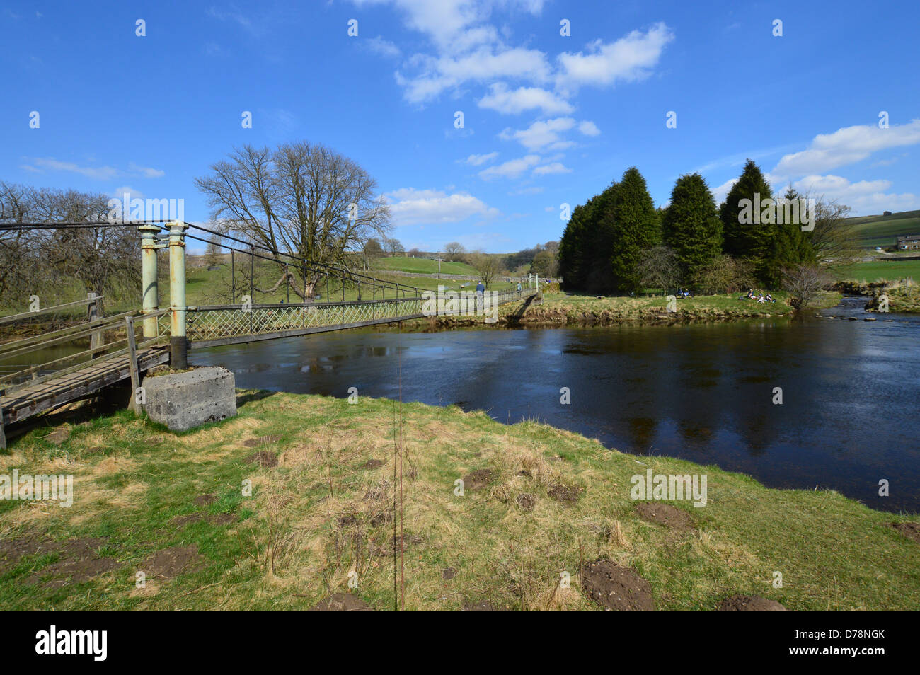 Two Walkers Crossing the Suspension Bridge over the River Wharfe near ...
