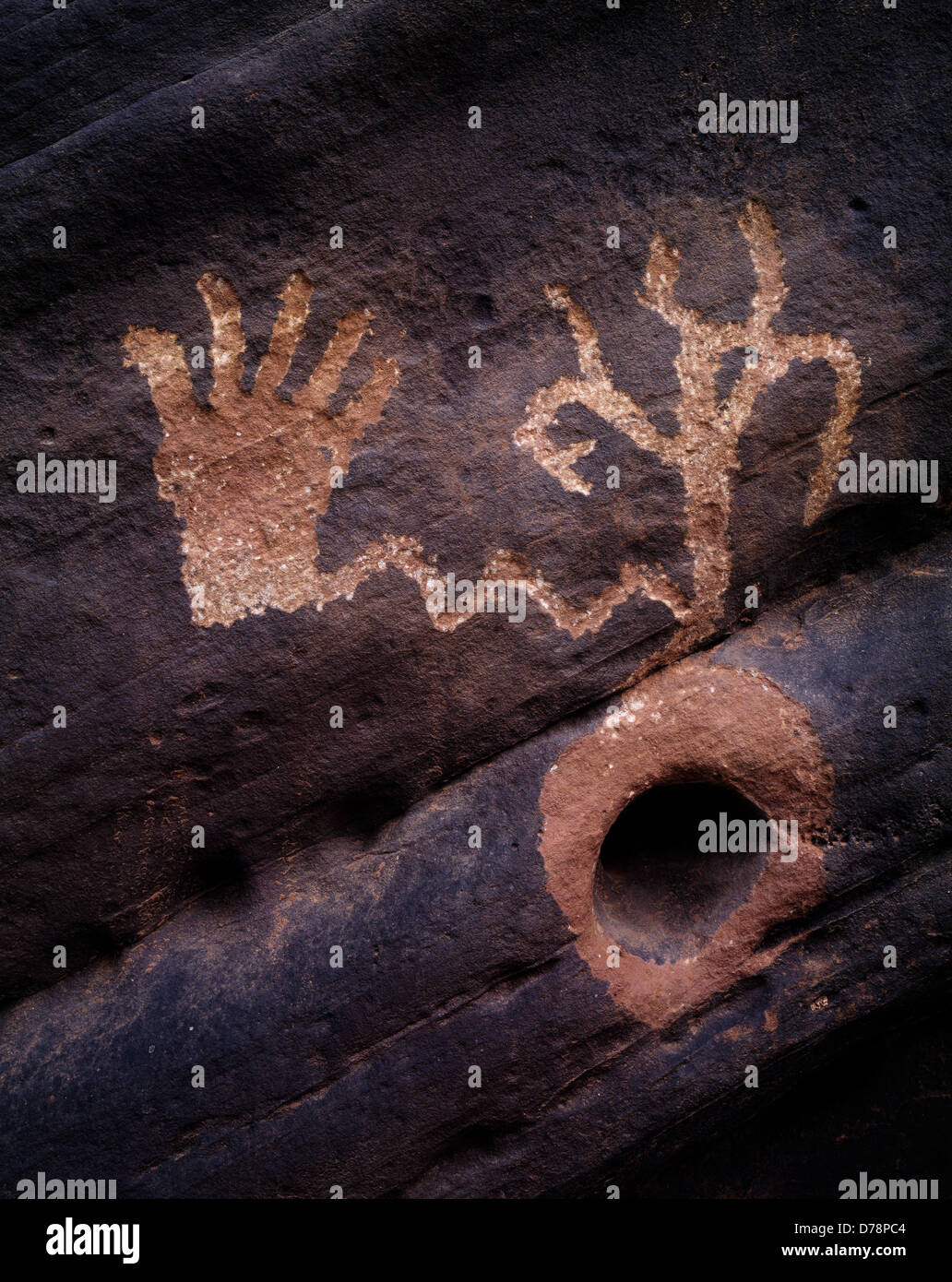 Ancestral Pueblo petroglyph hand connected to plant emerging natural ...