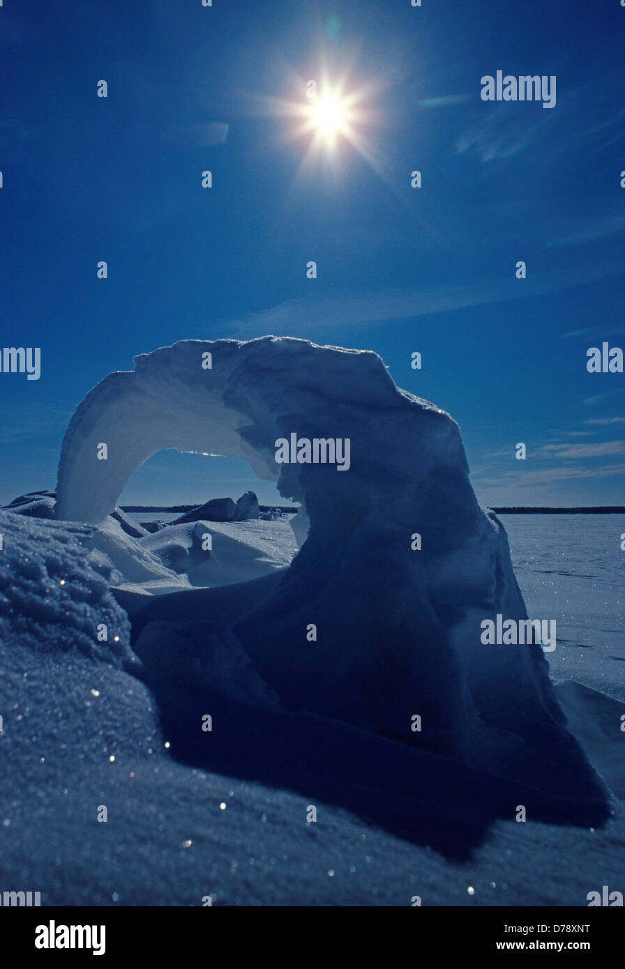 Curled ice formation on pressure ridge on frozen Rainy Lake Voyageurs ...