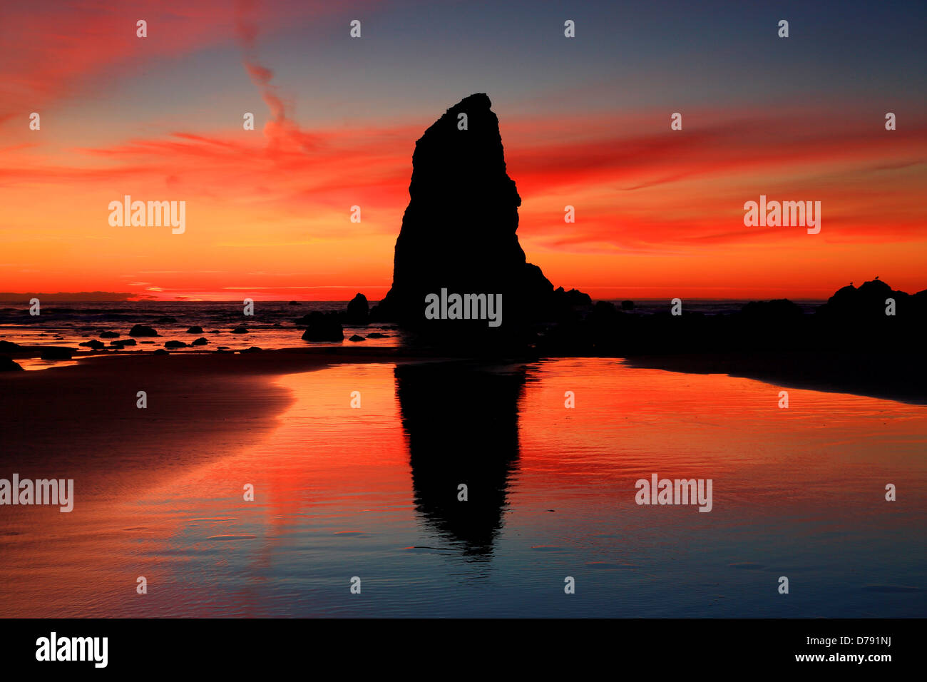 USA Oregon Cannon Beach View sunset afterglow over Needles rock ...
