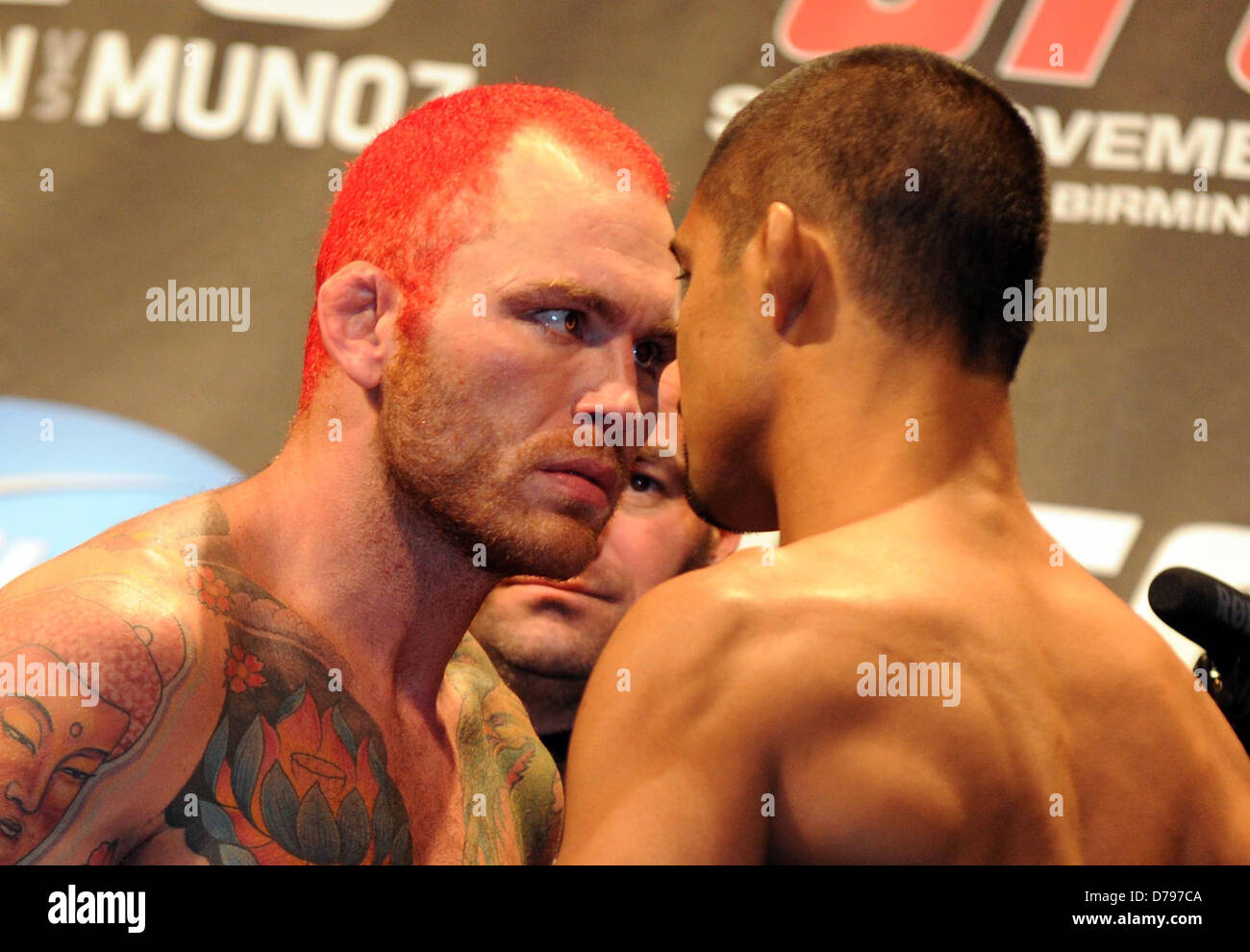 Headline fighter Chris Leben (L) facing up to his opponent Mark Munoz ...