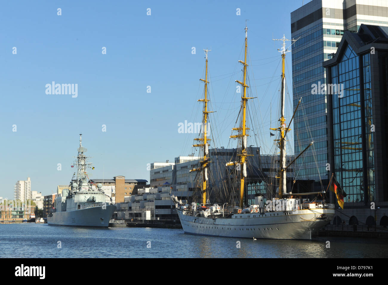 South Quay, Canary Wharf, London, UK. 1st May 2013. Military ships ...