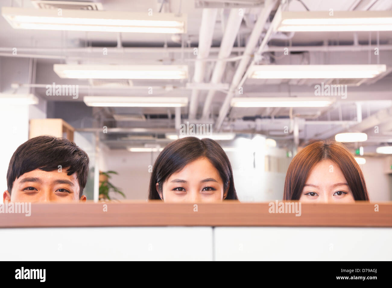 Office workers peeking over divider in office Stock Photo - Alamy