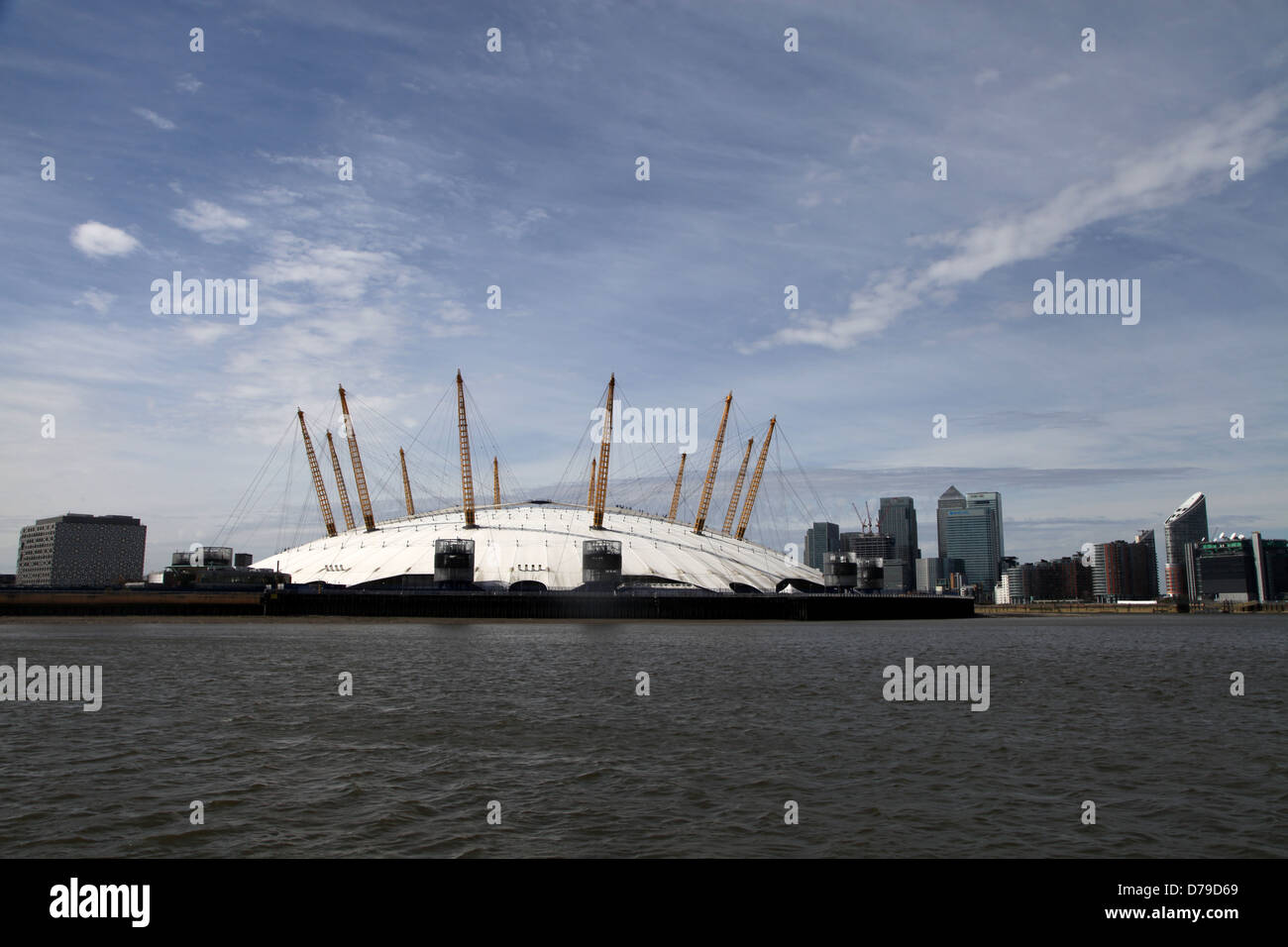 the London dome O2 arena with Canary wharf in the background. taken ...