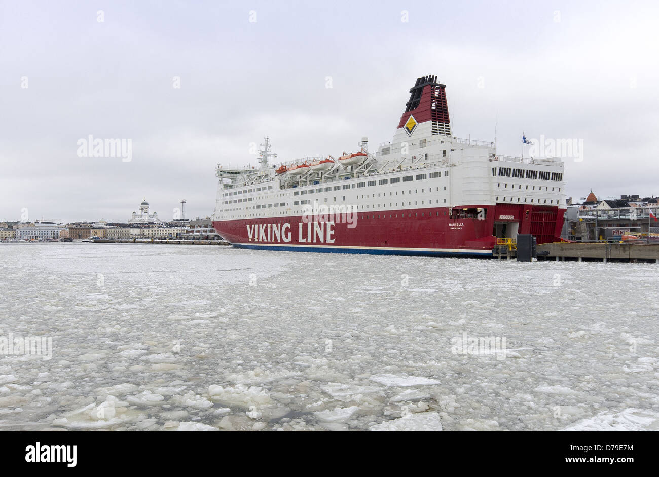 Viking Line passenger ferry in Helsinki harbour surrounded by sea ice ...