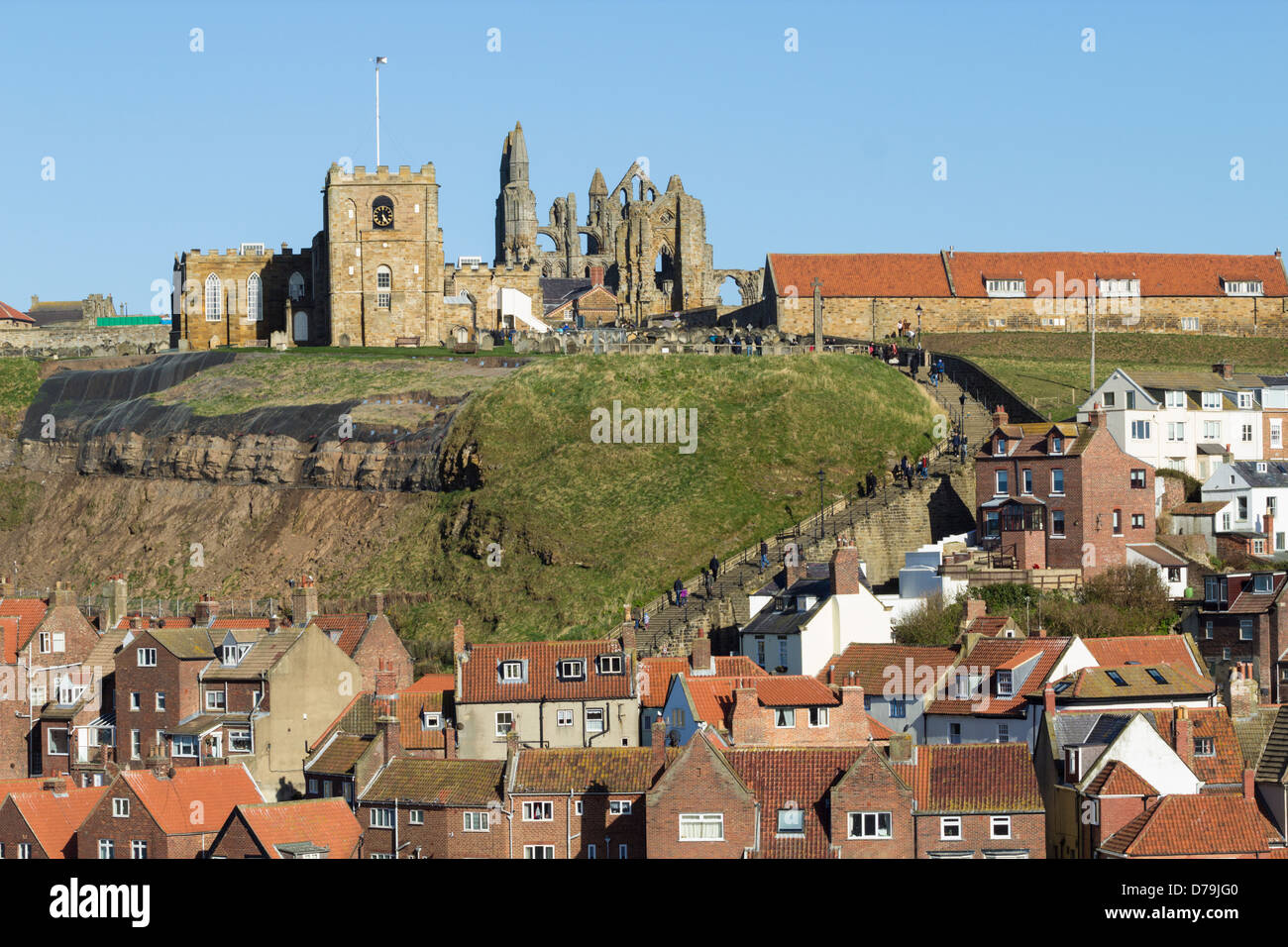 View over Whitby towards the Abbey, St Mary's church and 199 steps ...