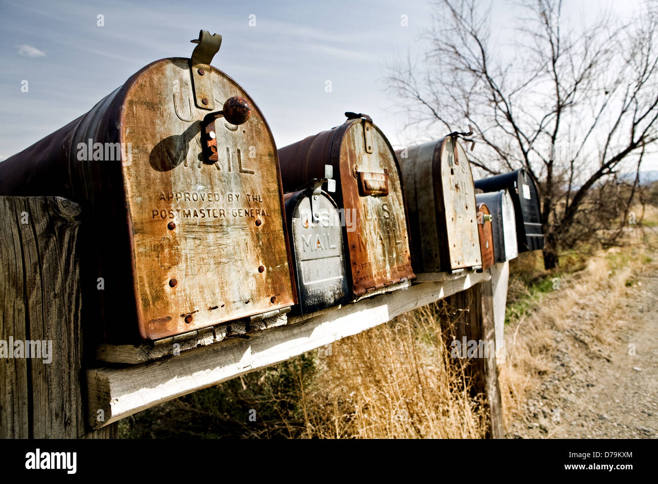 Old vintage mailboxes in rural Midwest United States, late sun Stock ...