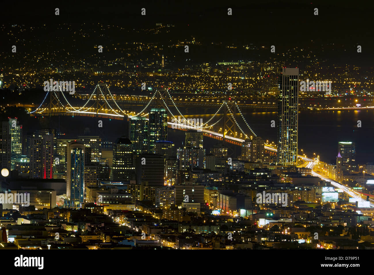 San Francisco City Skyline with Oakland Bay Bridge Night Scene Stock ...