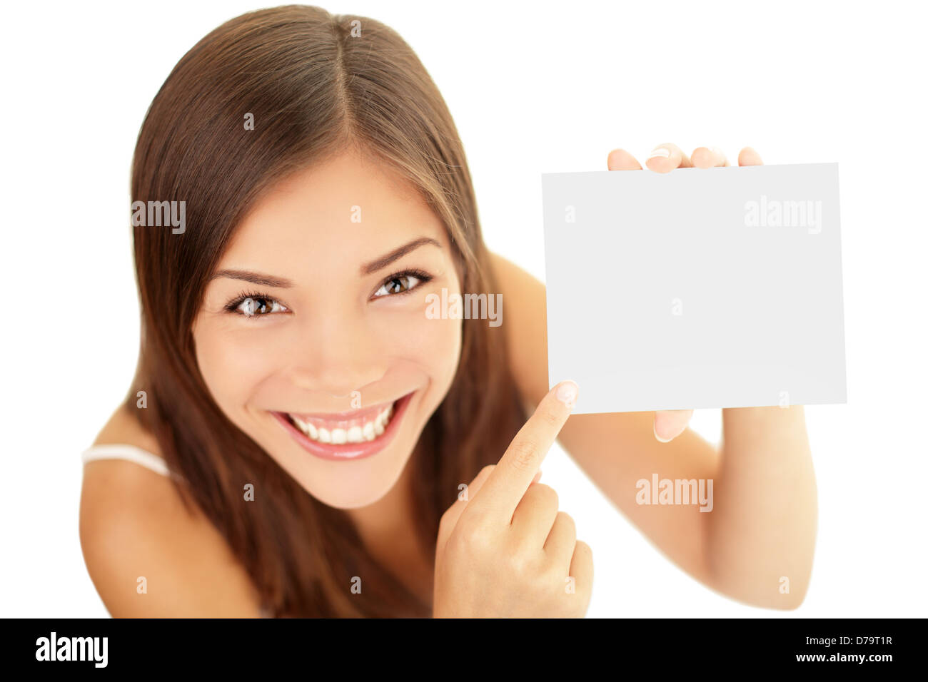 Gift card woman isolated on white background. Beautiful brunette asian ...