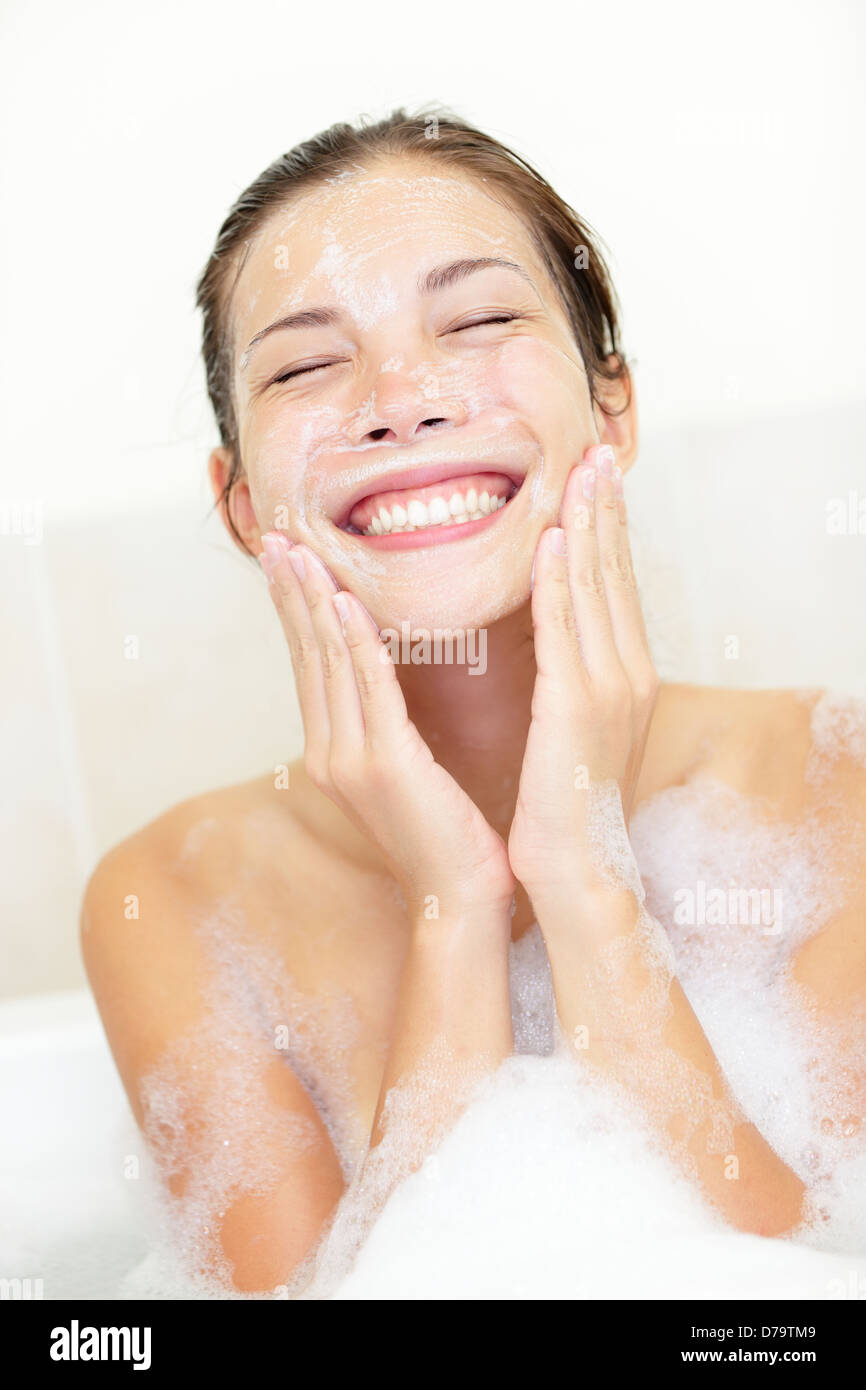 Face Wash Woman Washing Face In Bath With Foam Young Asian