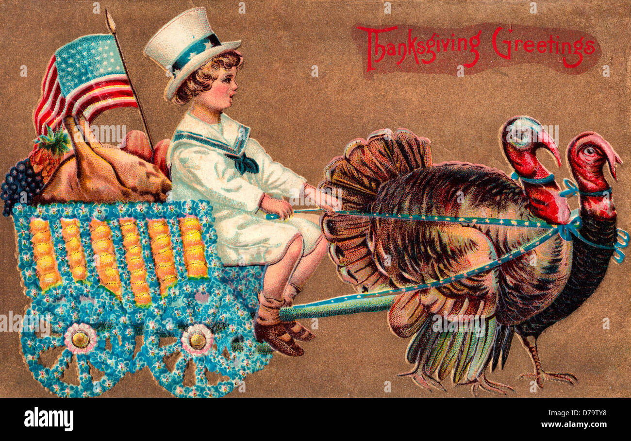 Thanksgiving Greetings - Boy in flowered coach with cooked turkey and ...