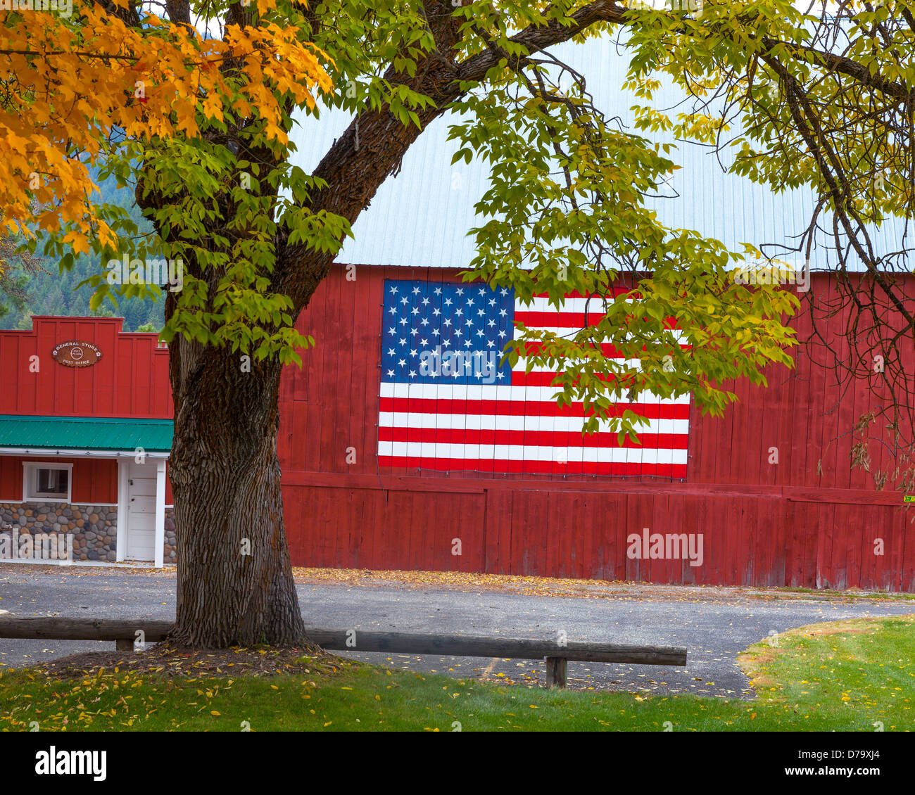 Chelan County, Washington: Historic red barn with an American flag ...
