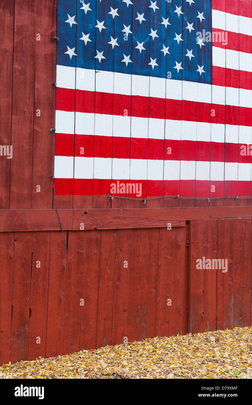 Chelan County, Washington: Historic red barn with an American flag ...