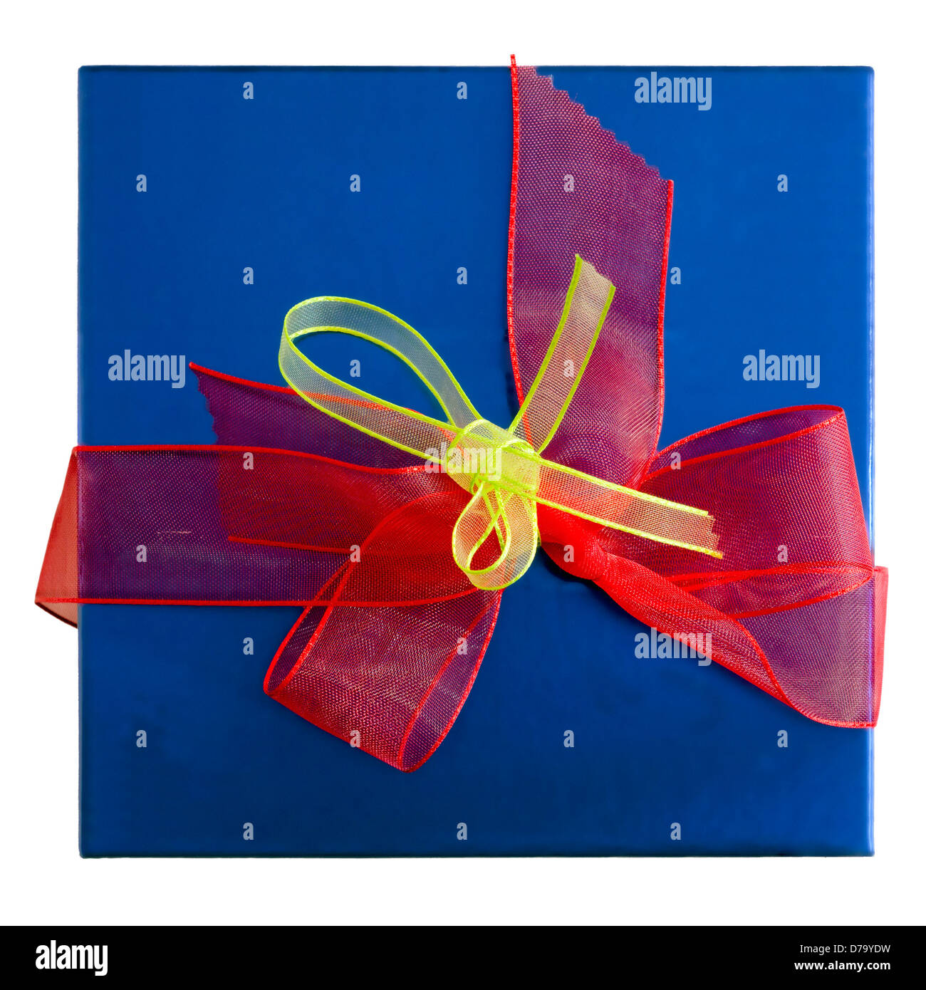 A small blue box on a white background with a red ribbon Stock Photo ...