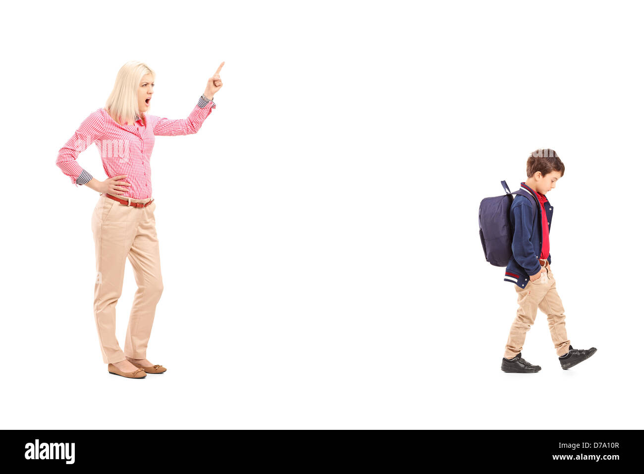 Full length portrait of an angry mother shouting at her son, isolated ...
