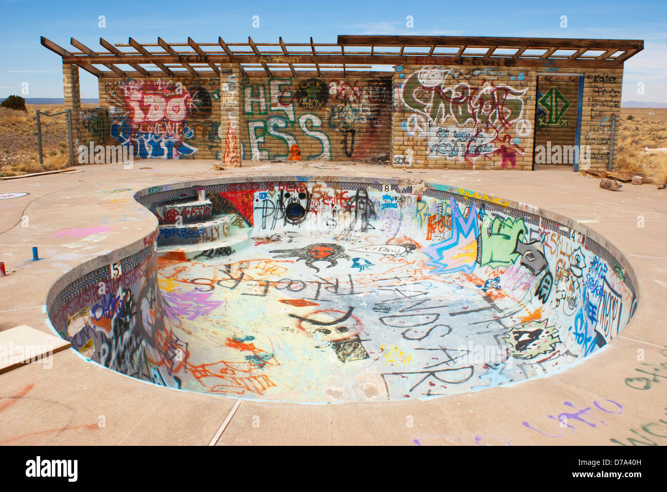 USA Arizona Graffiti in abandoned swimming pool at Two Guns ghost town ...