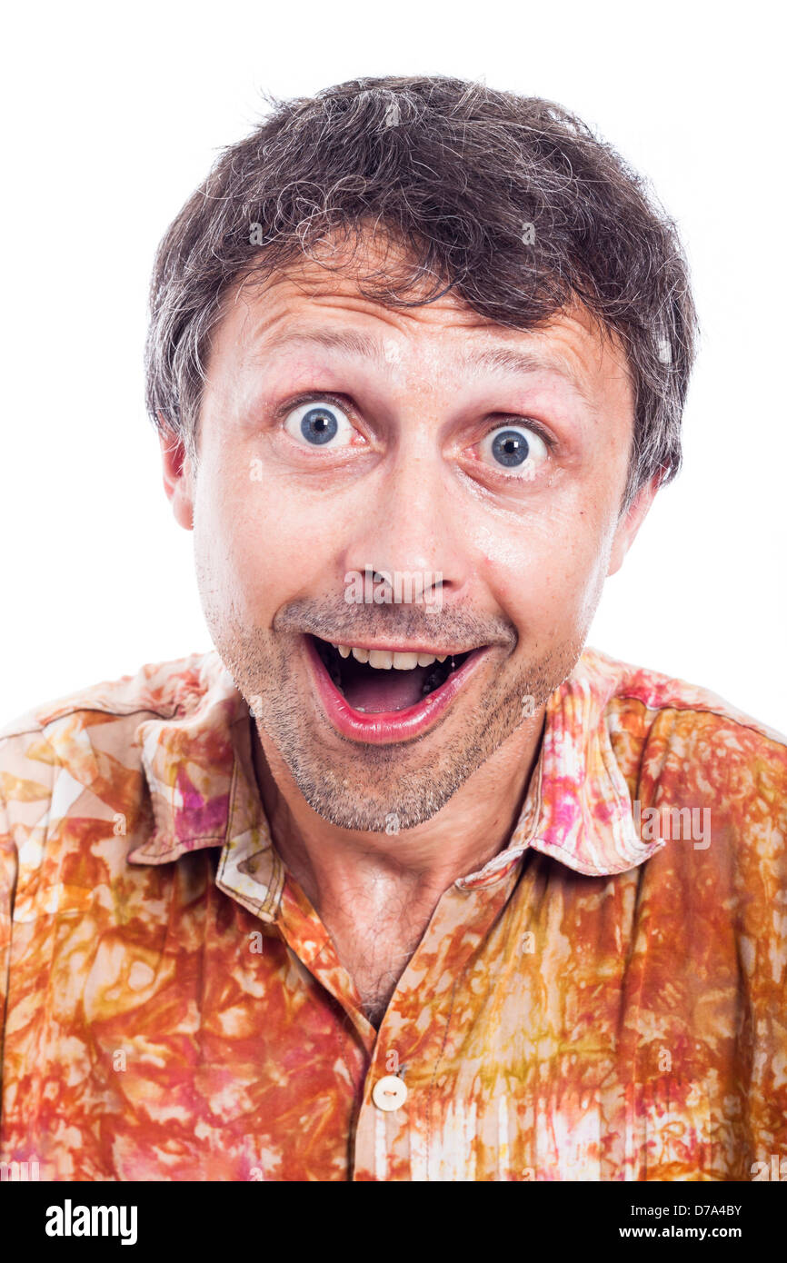 Closeup of happy ecstatic man face, isolated on white background Stock ...