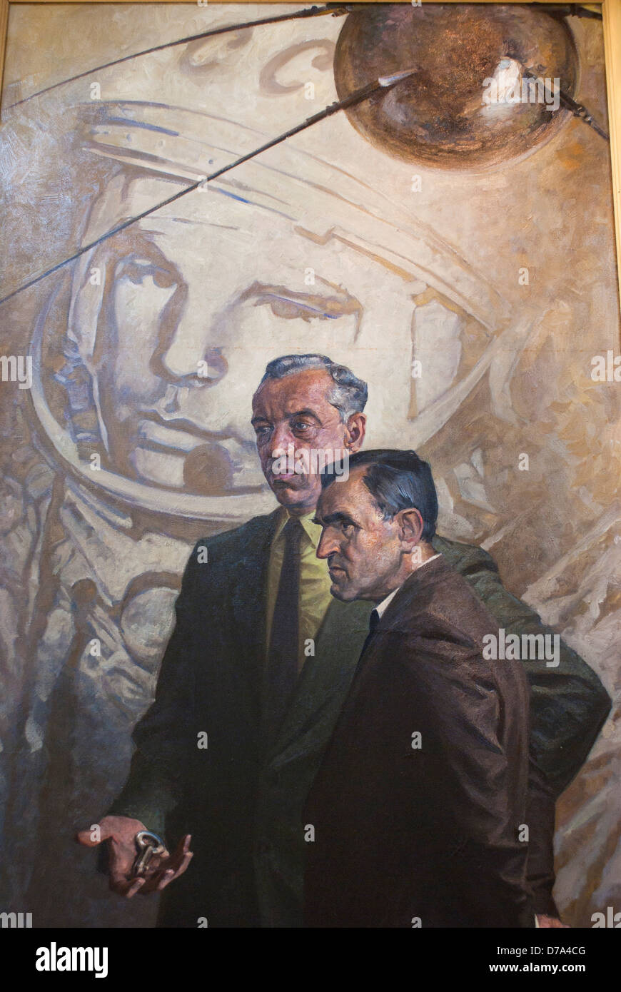 Painting on display in museum showing Sputnik Gagarin Soviet engineers ...