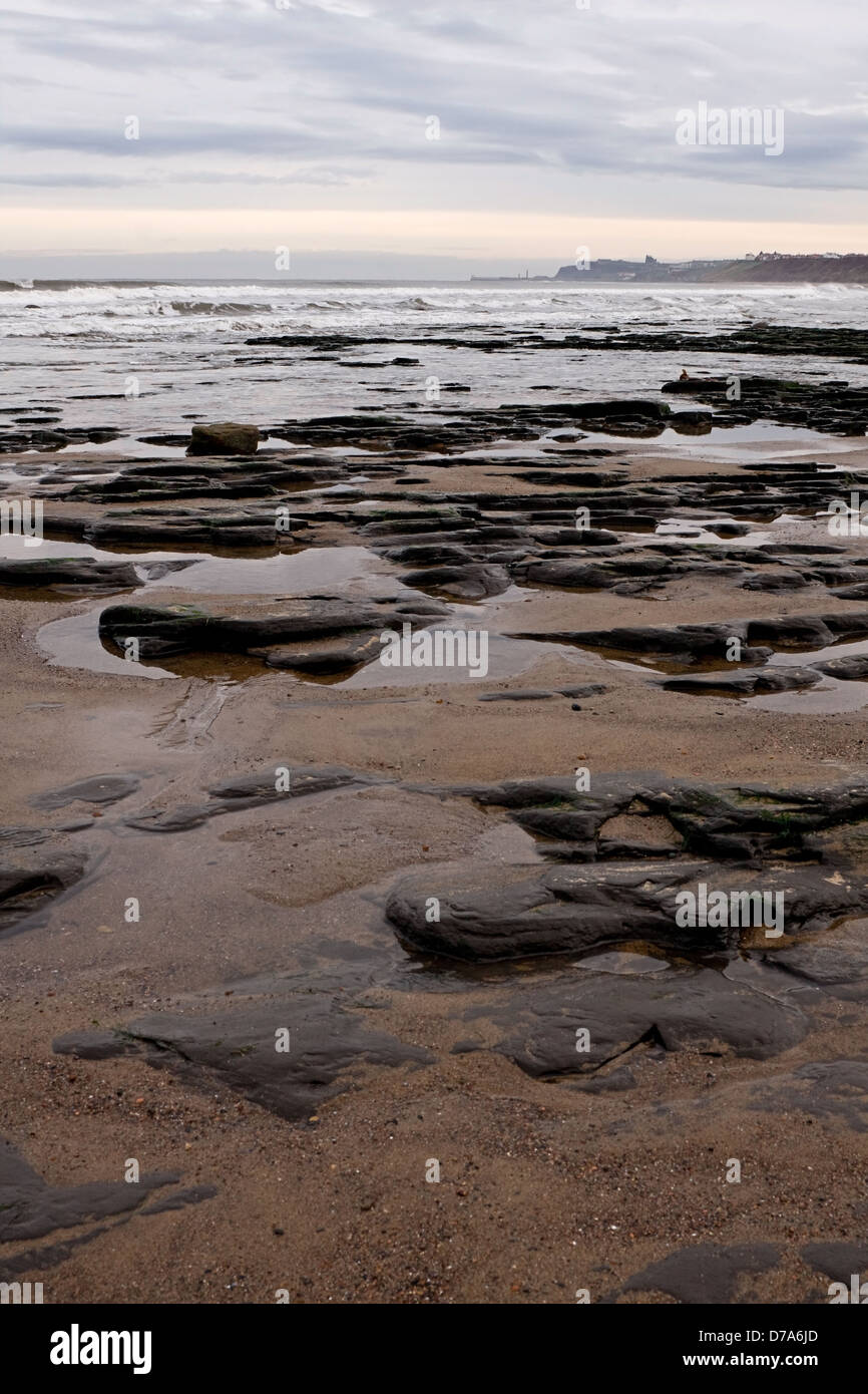 Portrait photograph of Whitby beach, showing rock pools in the ...