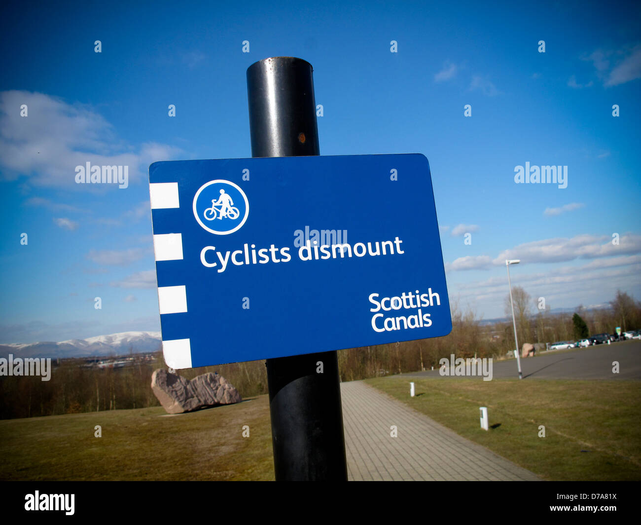 Cyclists dismount sign on sustrans cycle network path at Falkirk wheel ...