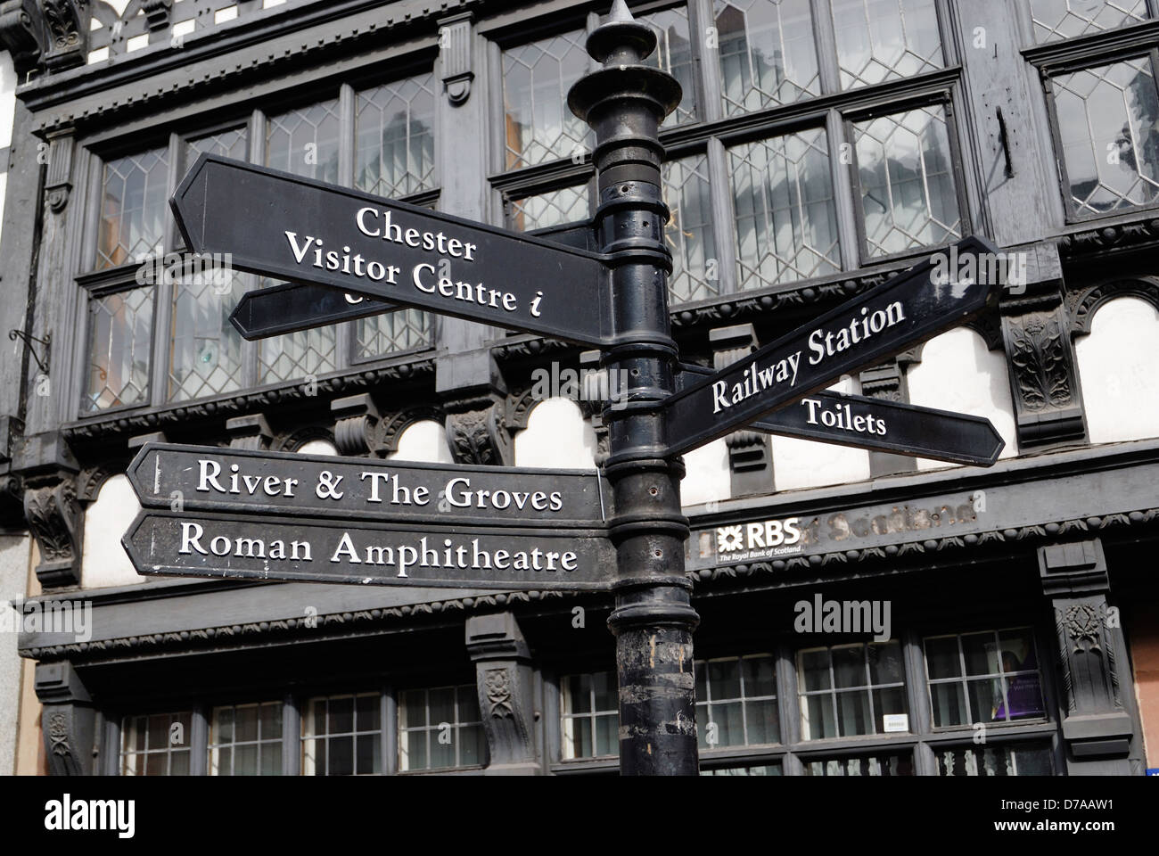Signpost for pedestrians in the historic city of Chester Stock Photo ...
